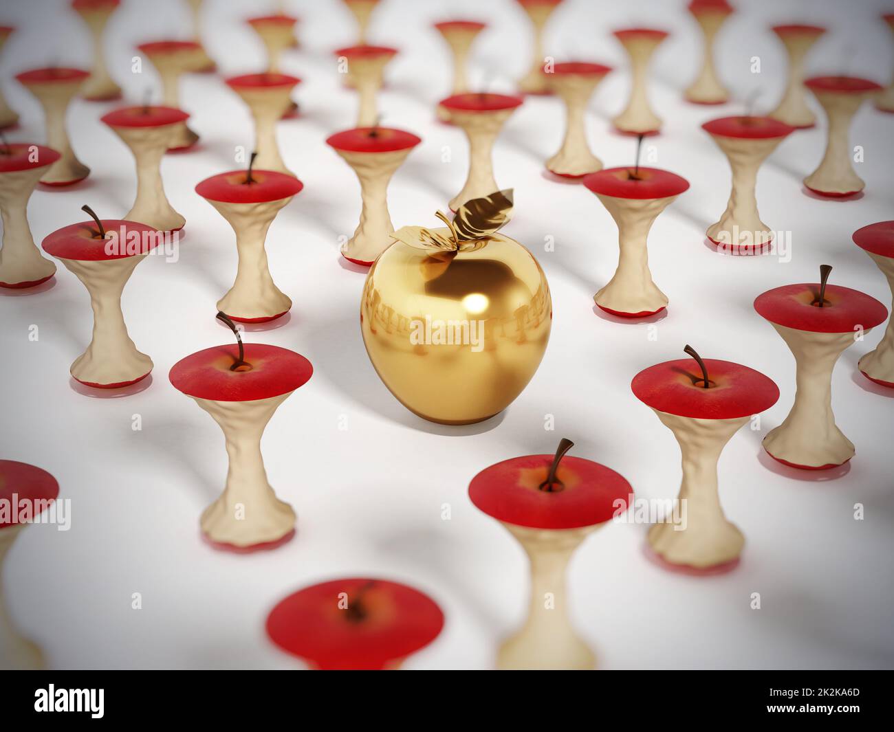 Golden apple standing out among eaten apple cores. 3D illustration ...