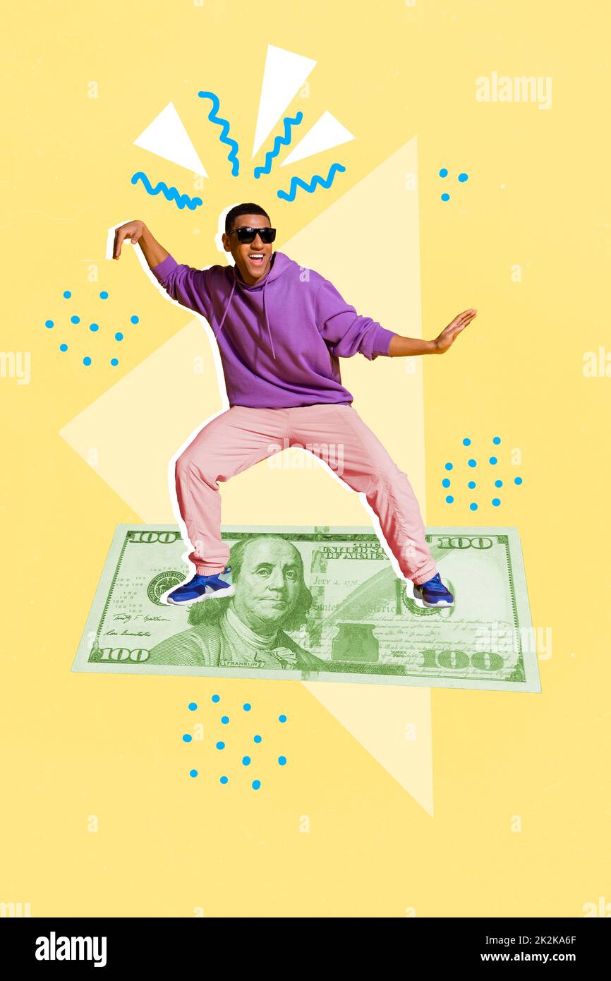 Collage photo of young excited funny guy dancing money carpet ...