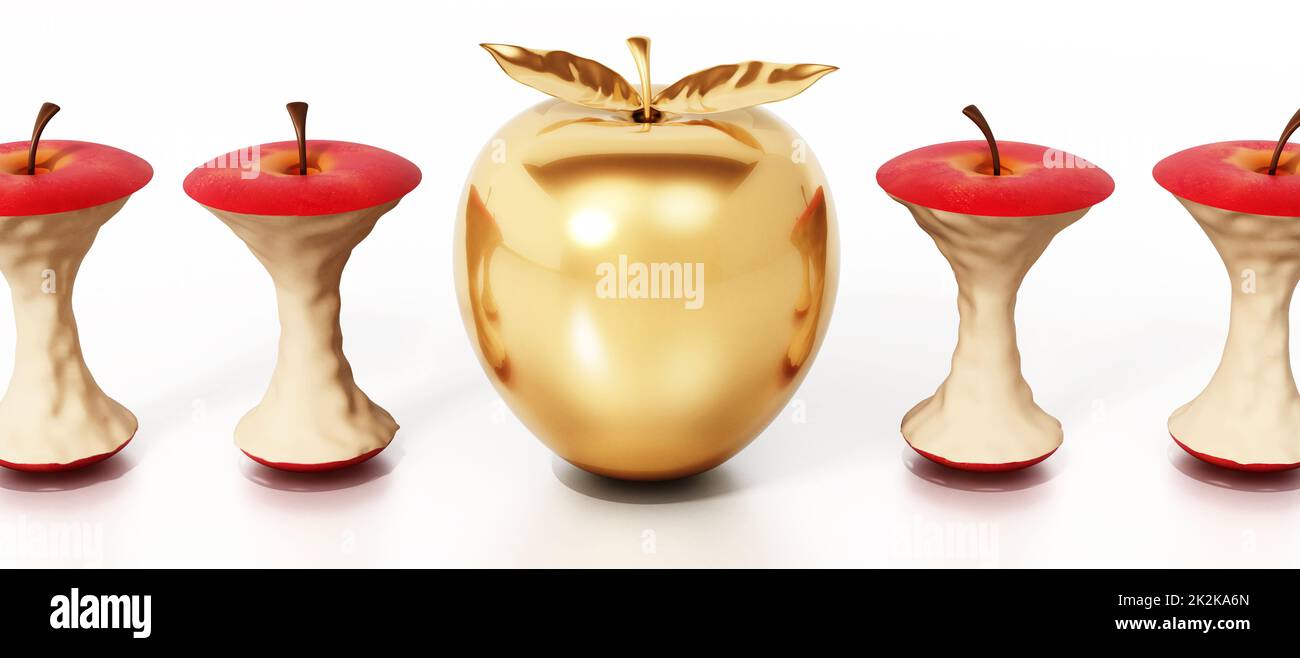 Golden apple standing out among eaten apple cores. 3D illustration ...