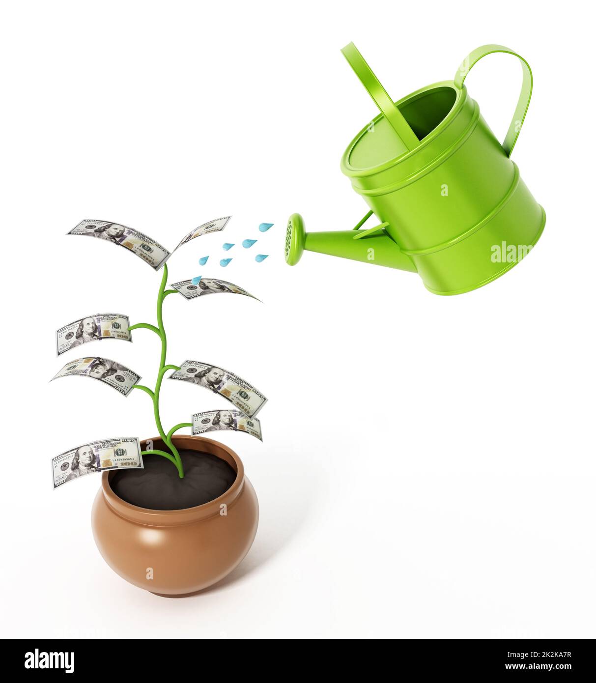 Watering of money plant with 100 dollar bills. 3D illustration Stock ...