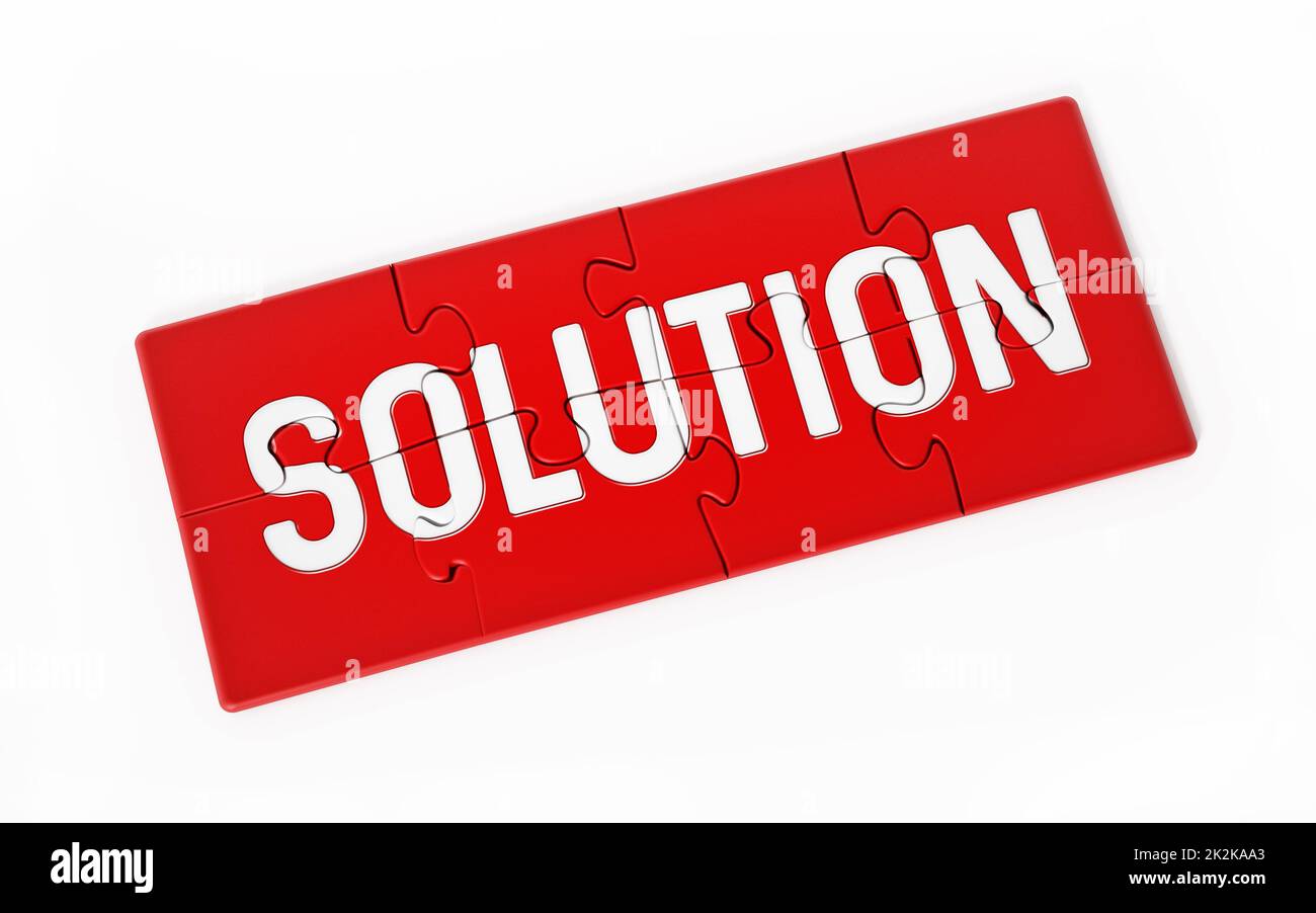 Jigsaw puzzle pieces forming solution text. 3D illustration Stock Photo ...