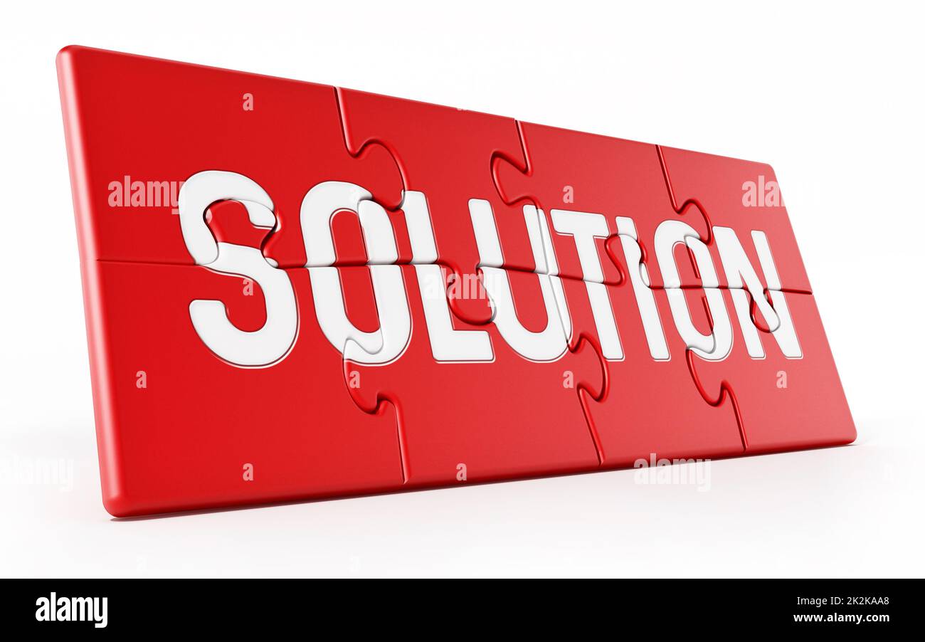 Jigsaw puzzle pieces forming solution text. 3D illustration Stock Photo ...