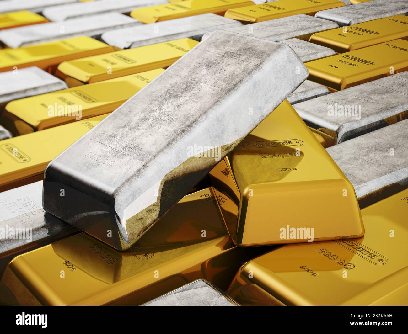 Gold and silver ingots isolated on white background. 3D illustration ...