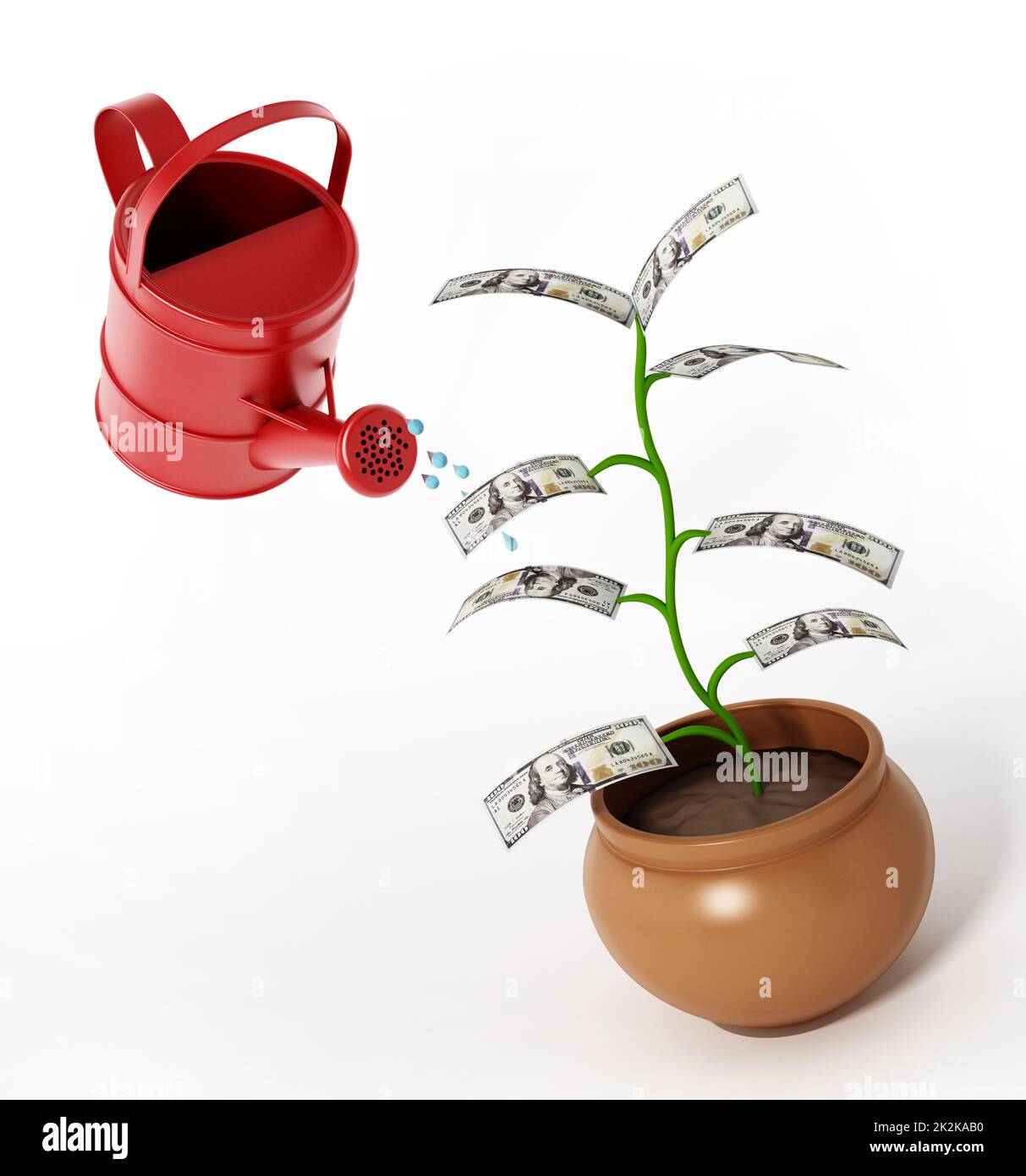 Watering of money plant with 100 dollar bills. 3D illustration Stock ...