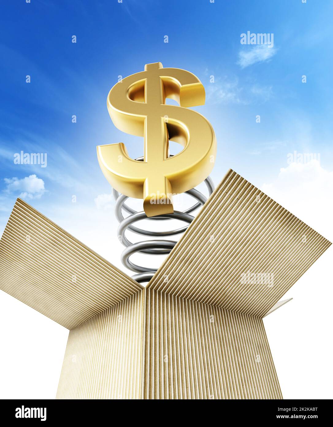 Gold dollar symbol popping out of the cardboard box. 3D illustration ...