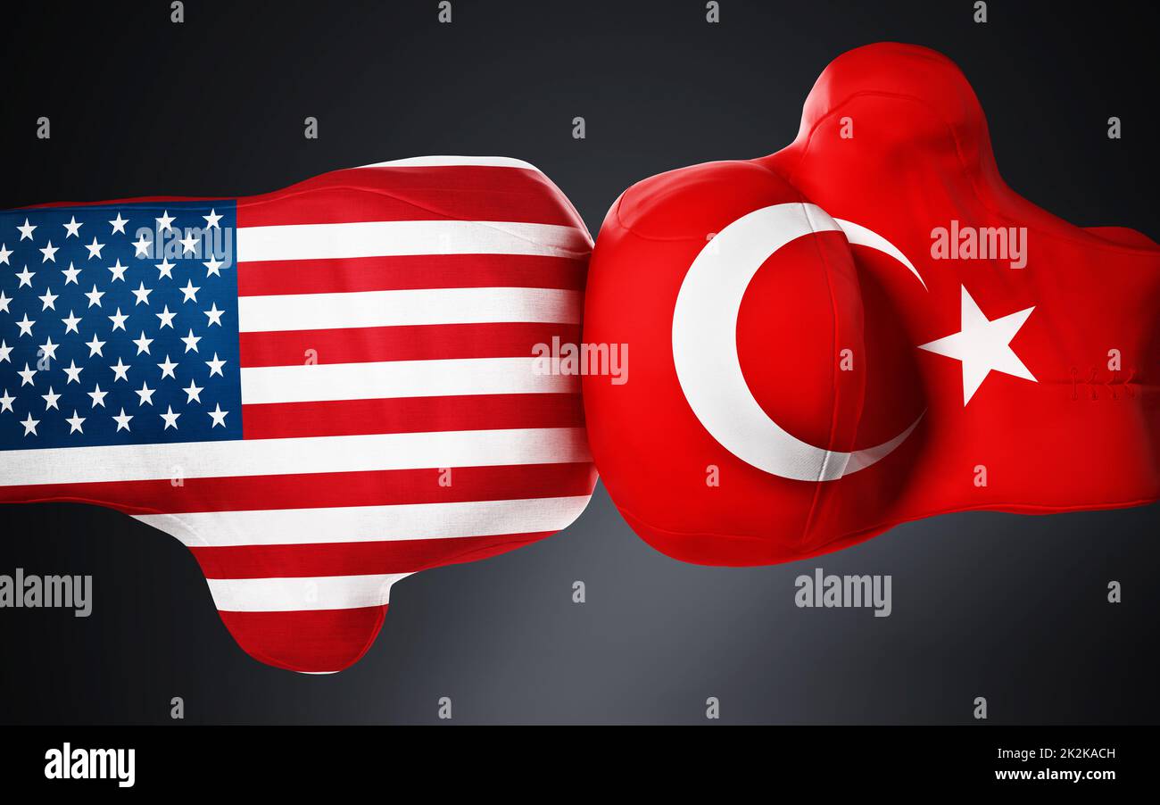 American and Turkish flag textured boxing gloves on black. 3D ...