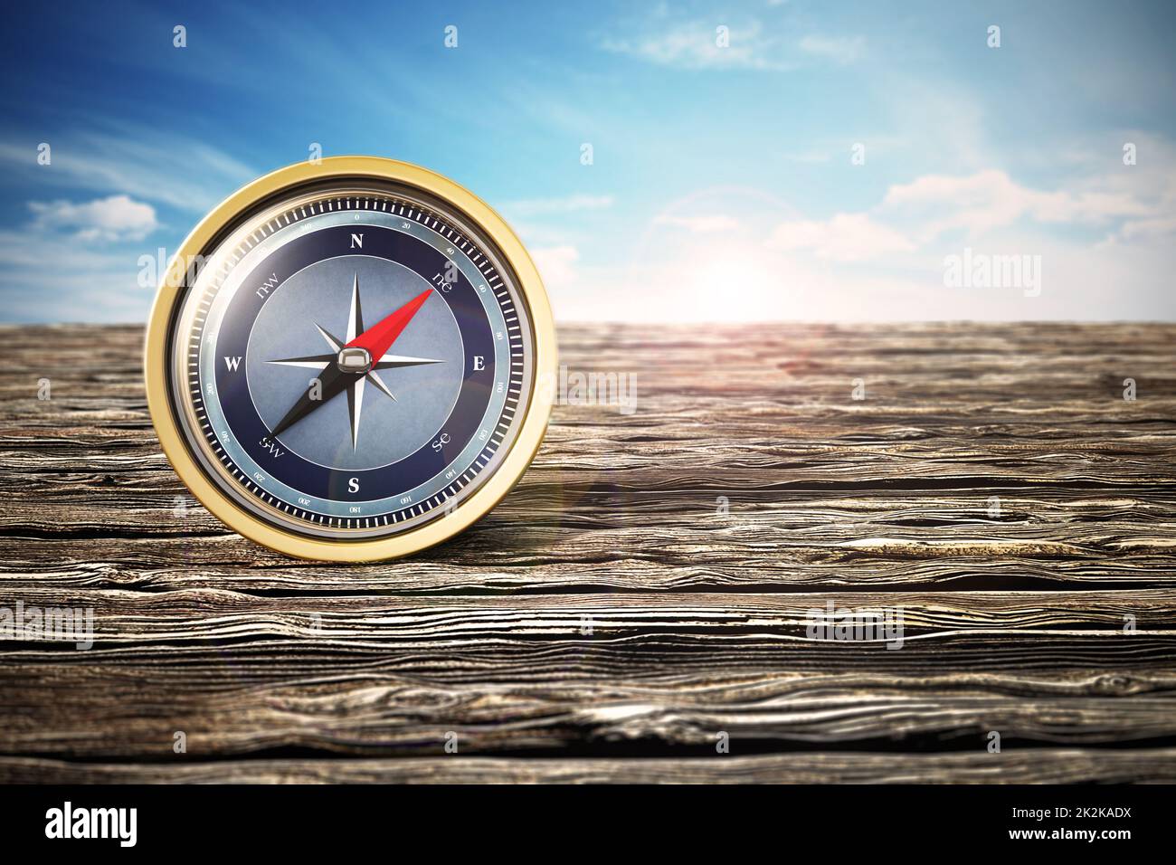Vintage compass standing on old wood. 3D illustration Stock Photo - Alamy