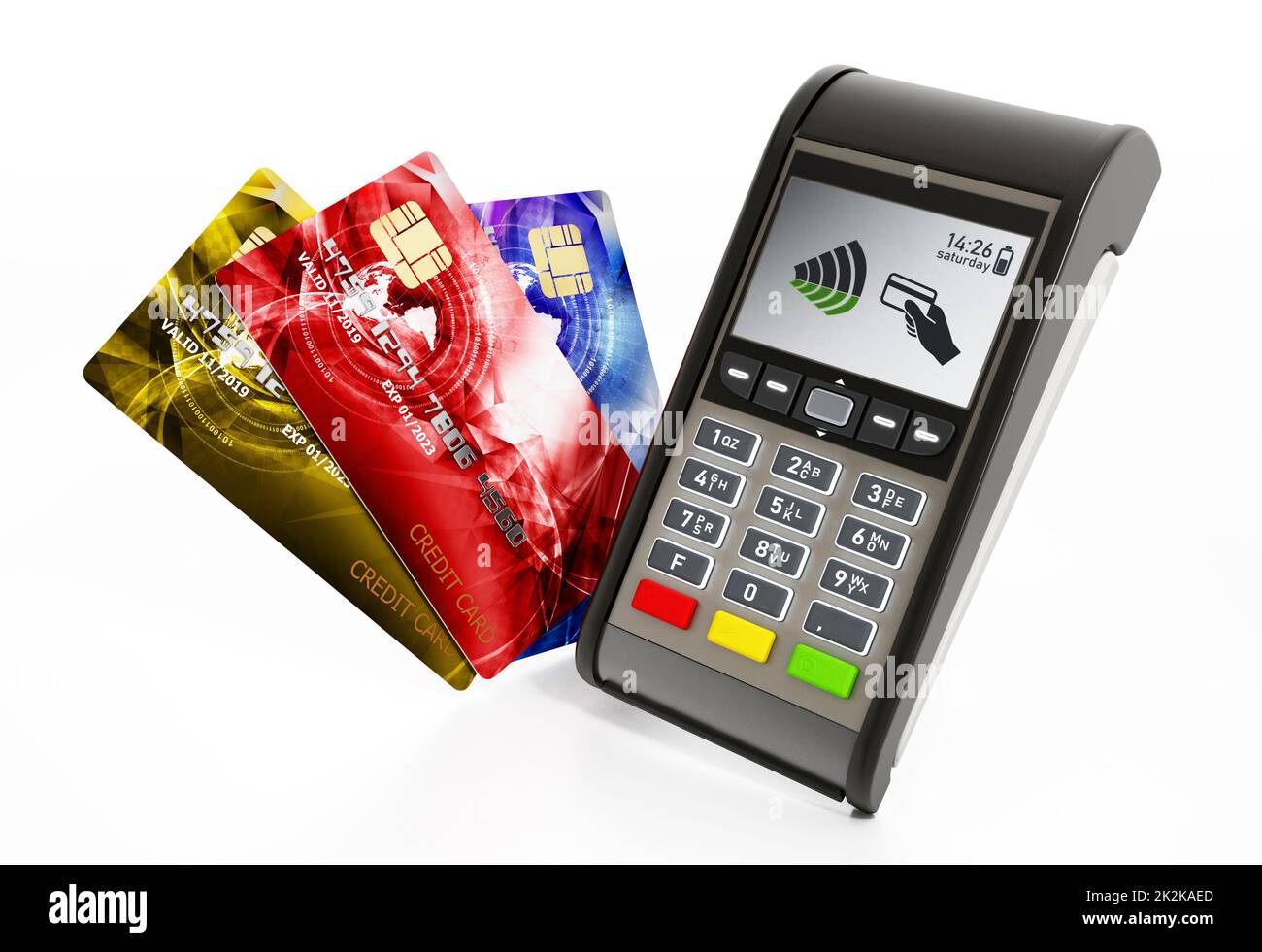 POS machine and credit cards isolated on white background. 3D ...