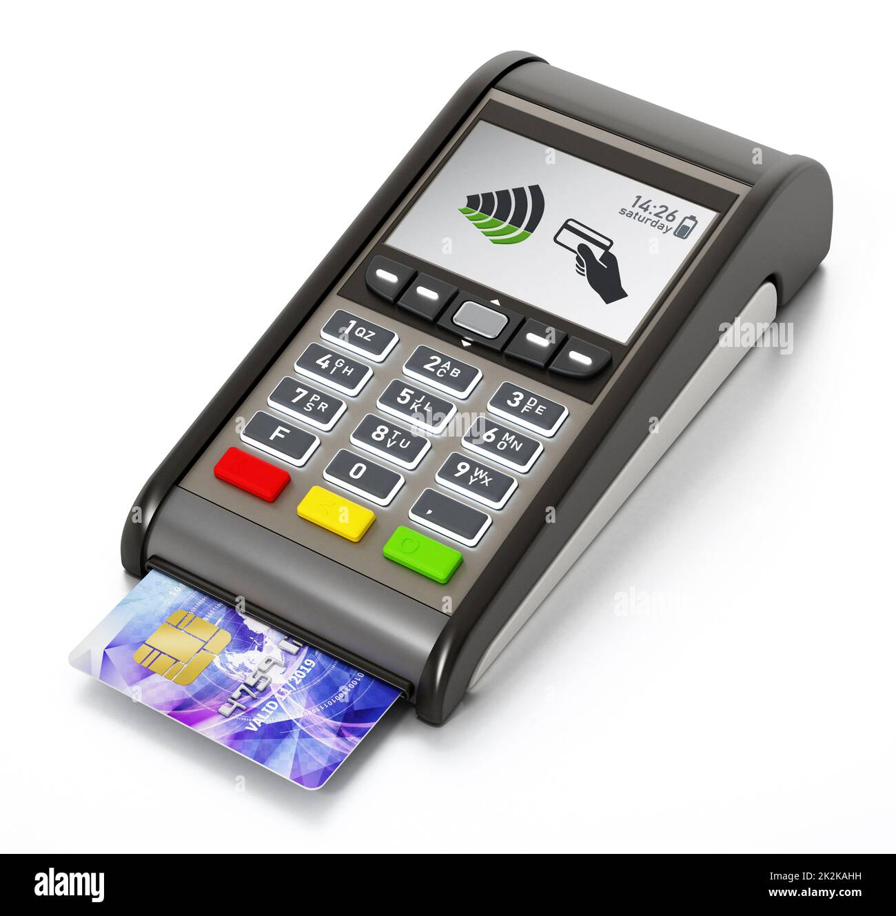 POS machine and credit card isolated on white background. 3D ...