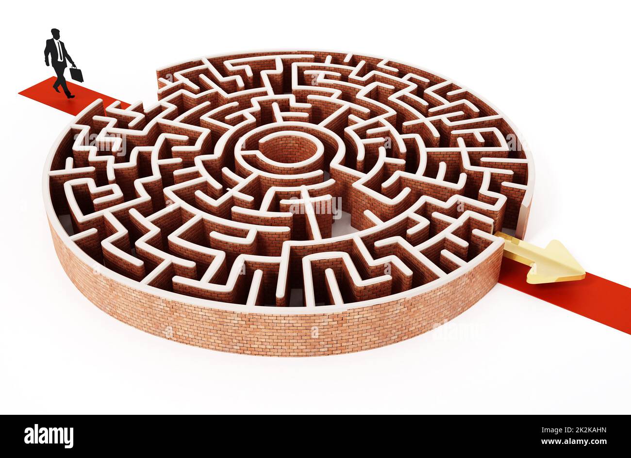 Silhouette of a businessman standing at the door of round maze. 3D ...