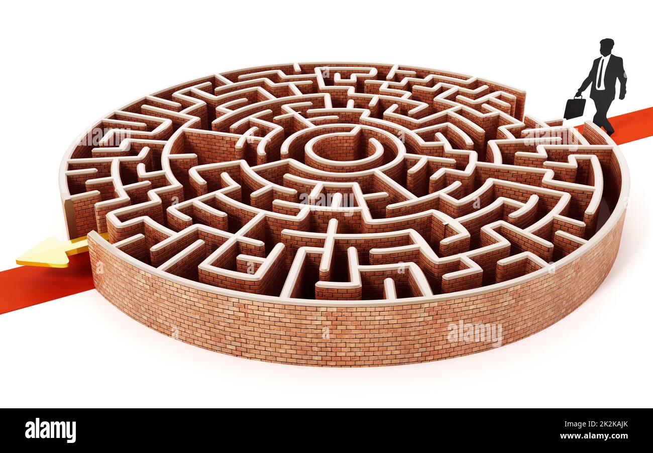 Silhouette of a businessman standing at the door of round maze. 3D ...