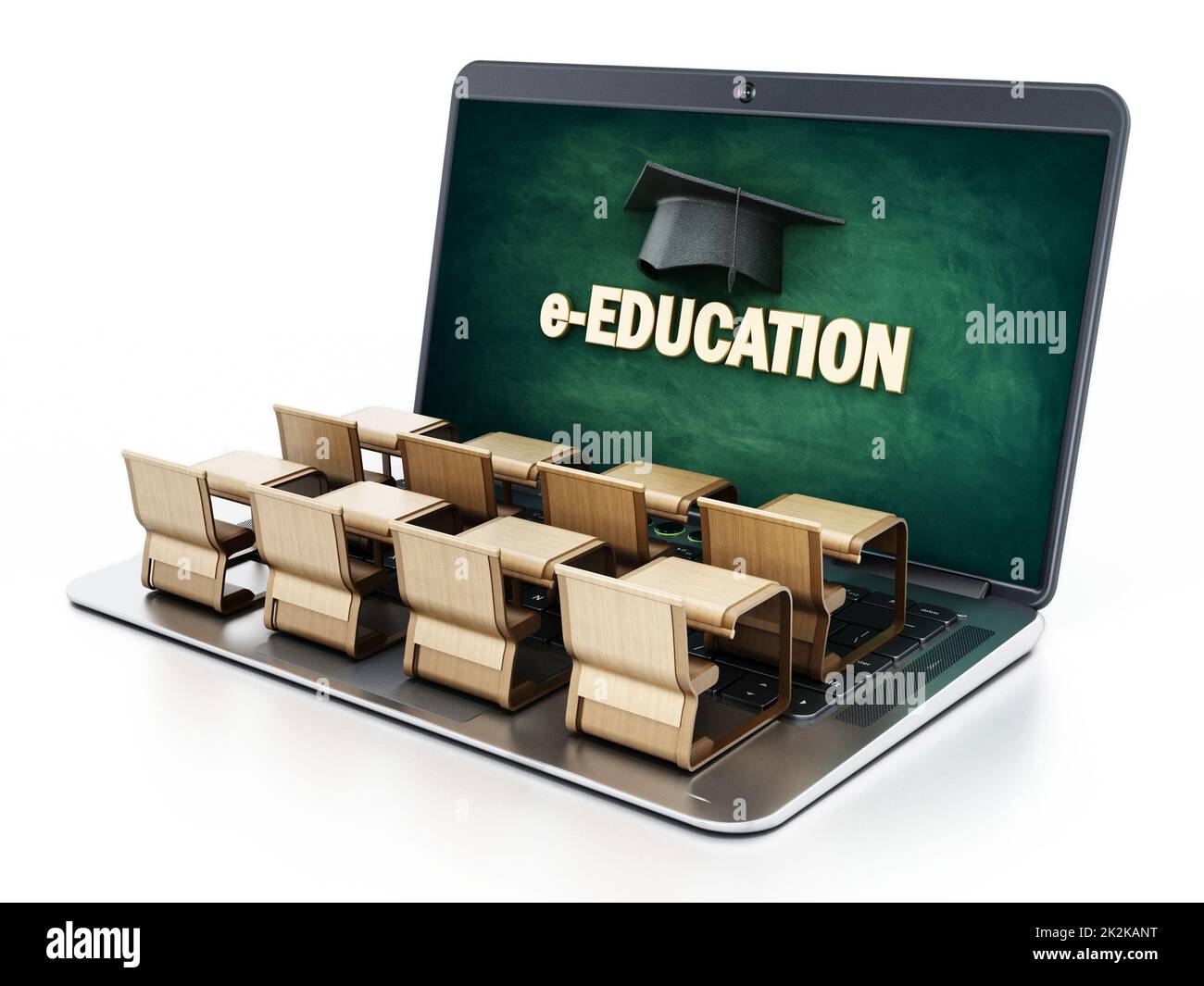 Student desks on laptop computer keyboard. 3D illustration Stock Photo ...