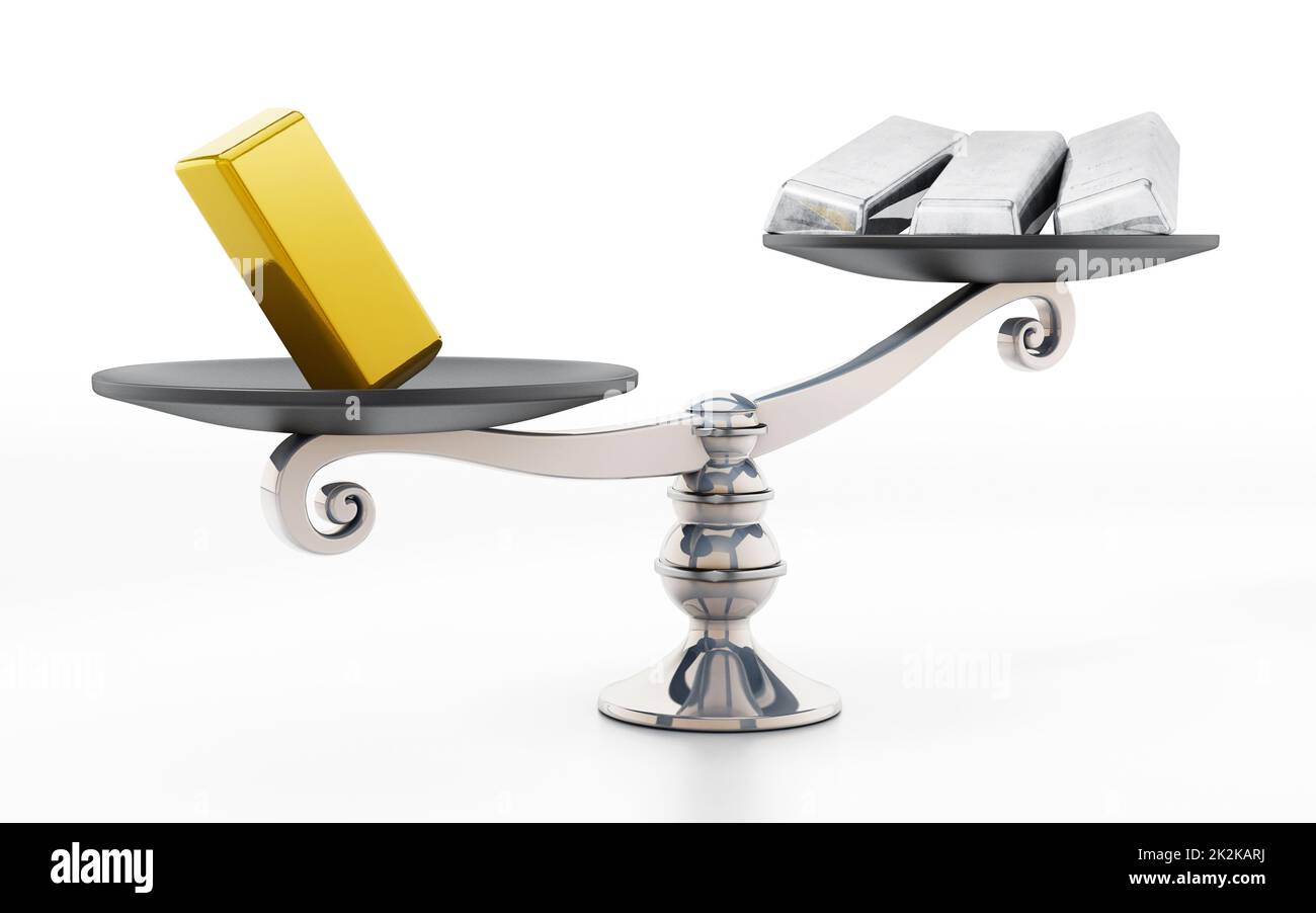 Gold and silver ingots standing on two sides of a scale. 3D ...