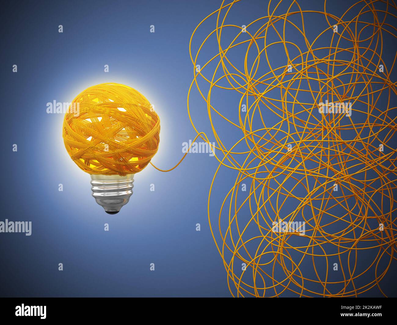 Tangled rope forming a lightbulb on blue background. 3D illustration ...