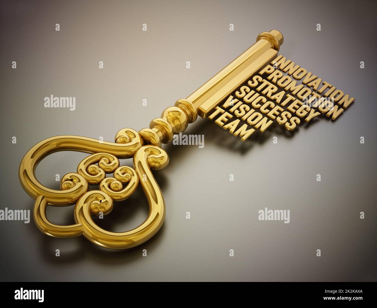 Vintage gold key with business and success related words. 3D ...