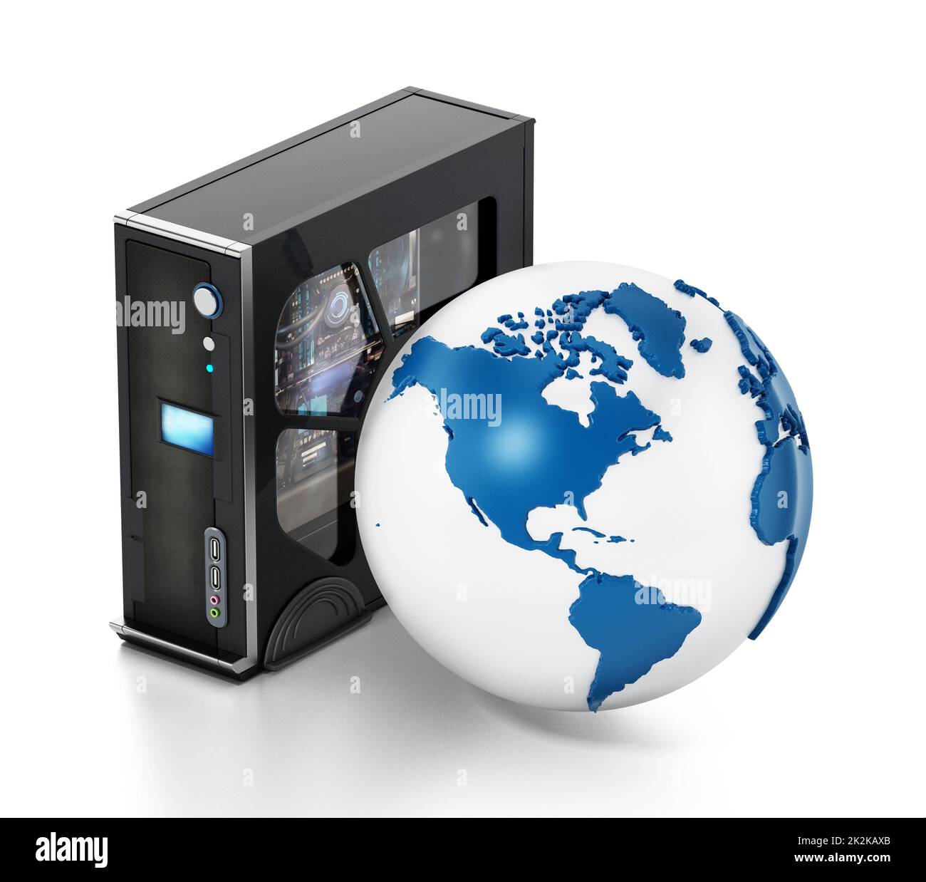 Modern PC case and globe isolated on white background. 3D illustration ...