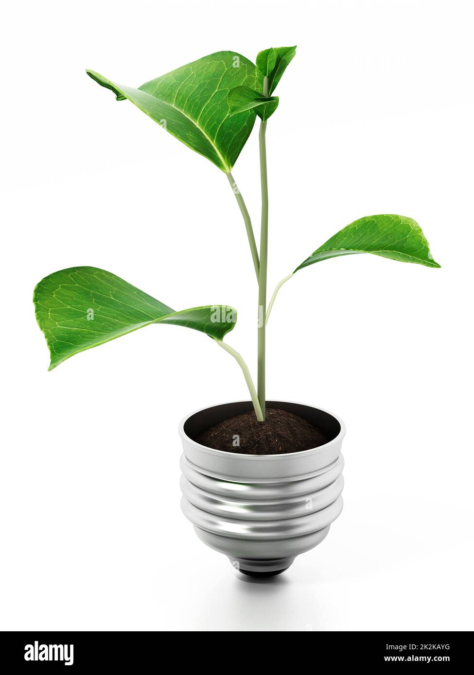 Leaf standing on top of the lightbulb base. 3D illustration Stock Photo ...