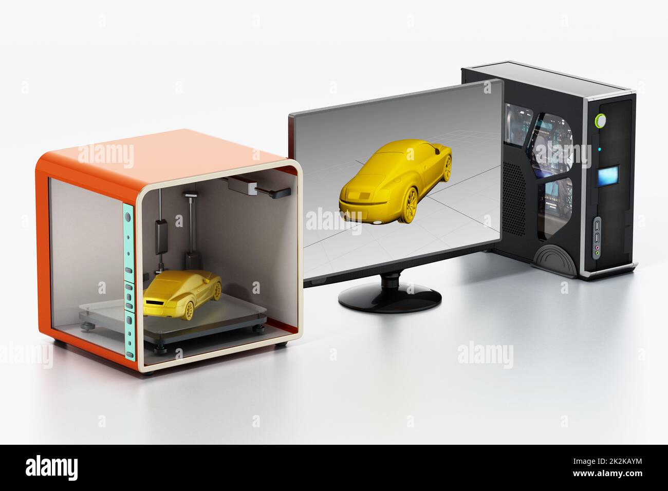 3D printer, desktop computer and screen. 3D illustration Stock Photo ...