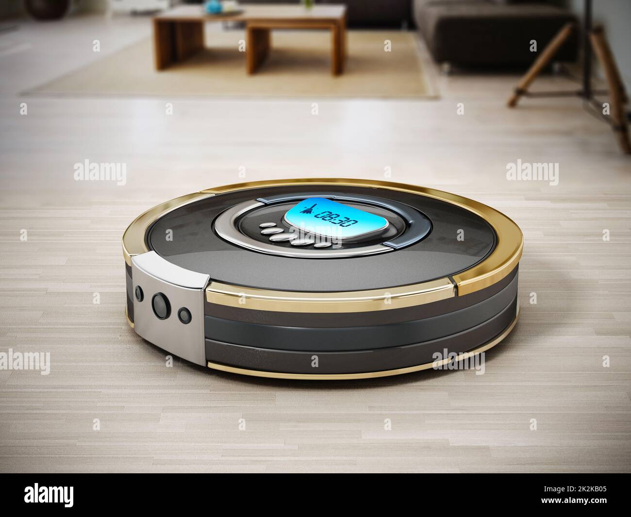 Automated vacuum cleaner on wooden floor. 3D illustration Stock Photo ...