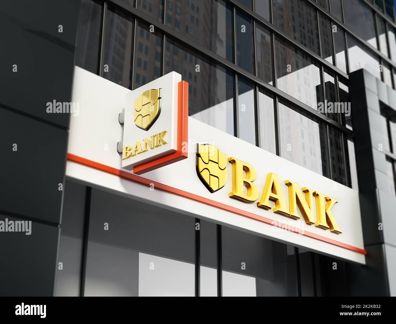 Bank signboard with fictitious logo on building exterior. 3D ...
