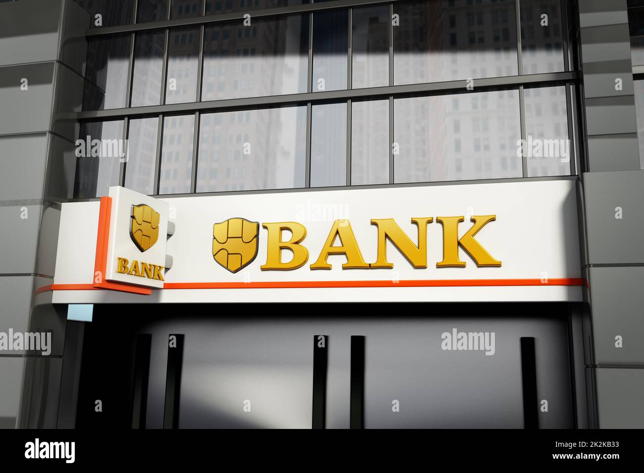 Bank signboard with fictitious logo on building exterior. 3D ...