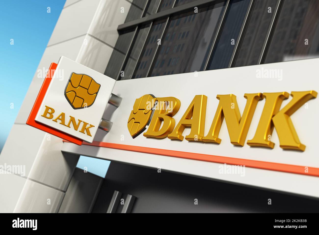 Bank signboard with fictitious logo on building exterior. 3D ...