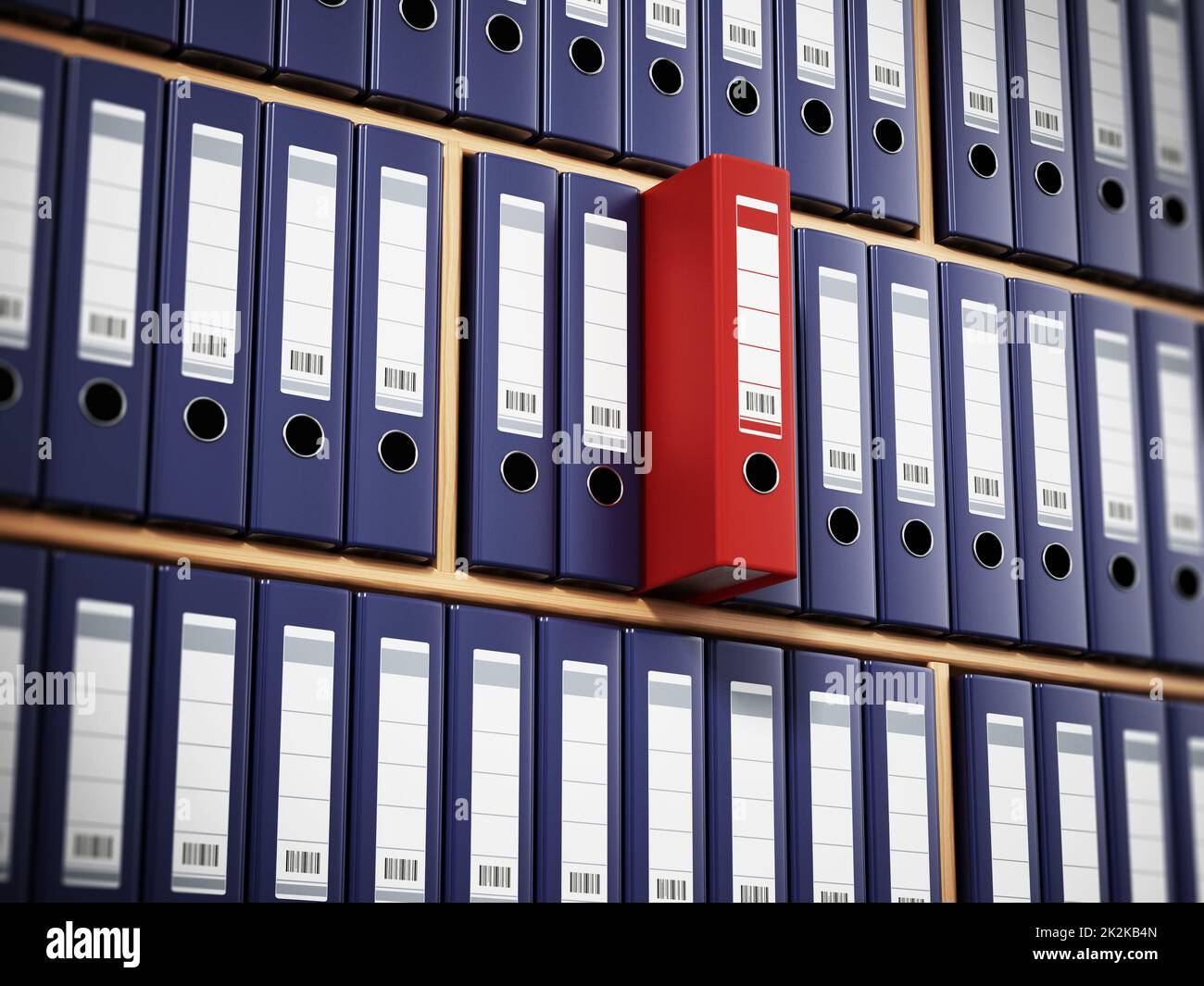 Red folder standing out among black ones inside wooden shelves. 3D ...