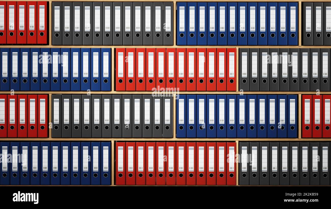 Multi colored folders arranged inside wooden shelves. 3D illustration ...