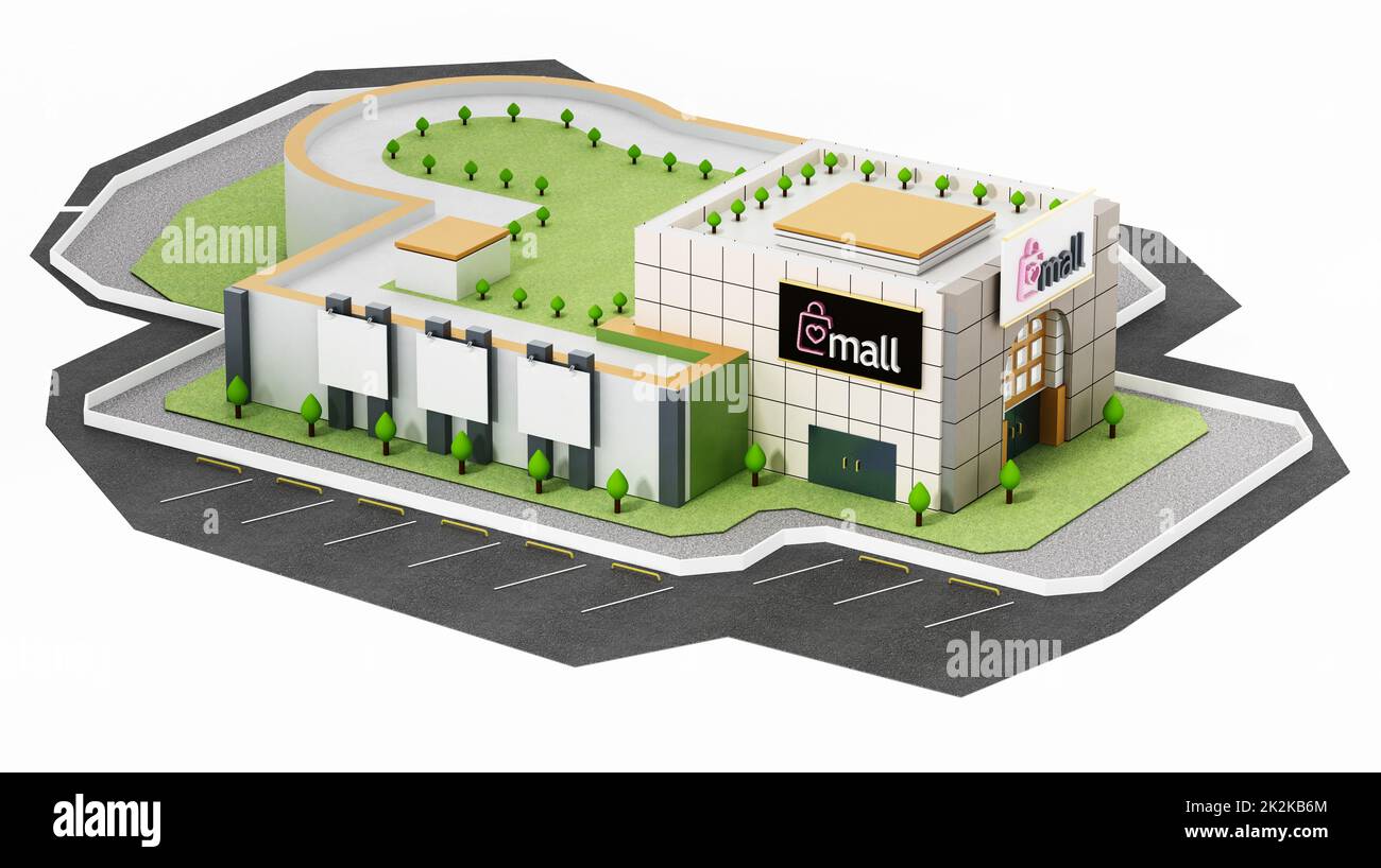 Generic shopping mall building isolated on white background. 3D ...