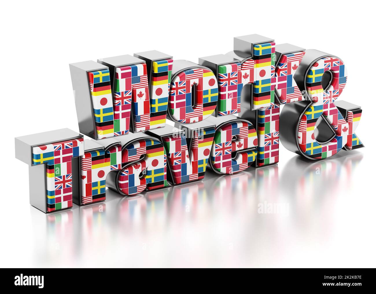 Work and Travel text with country flags. 3D illustration Stock Photo ...