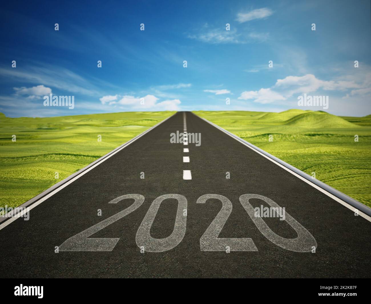 2020 text on the road leading to blue sky. 3D illustration Stock Photo ...