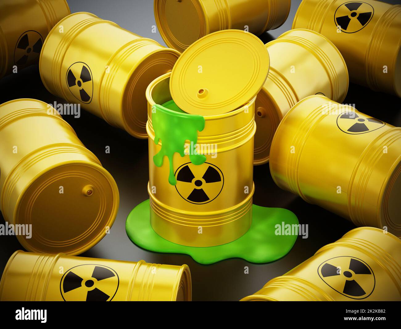 Toxic barrels with a leaking green substance. 3D illustration Stock ...