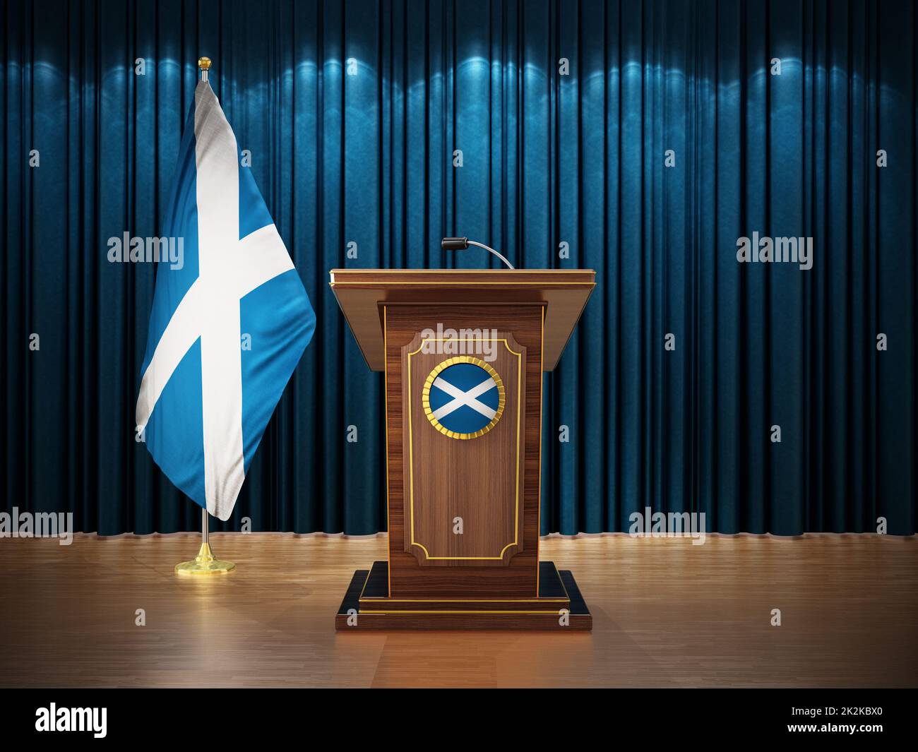 Press conference with flags of Scotland and lectern against the blue ...