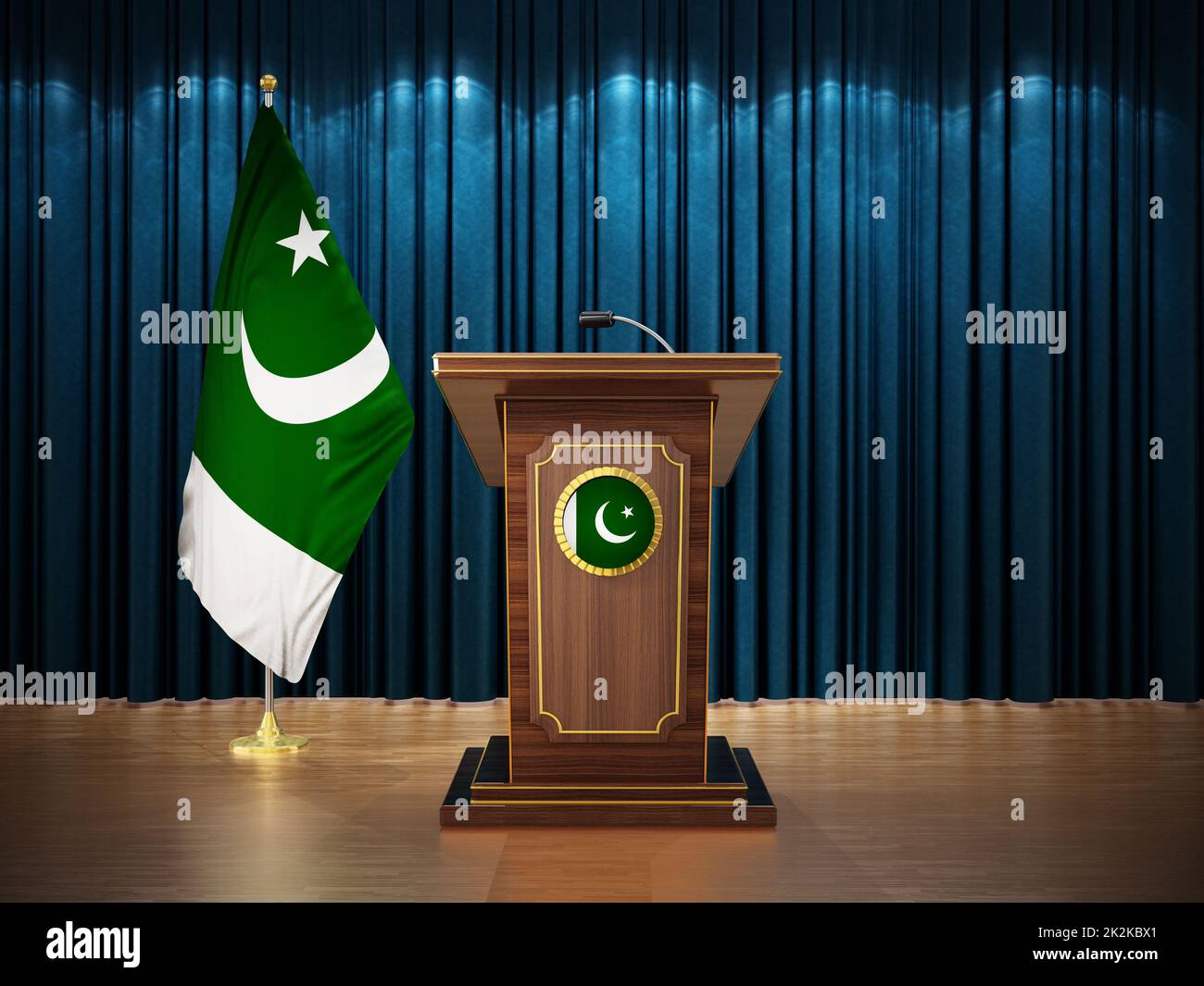 Press conference with flags of Pakistan and lectern against the blue ...