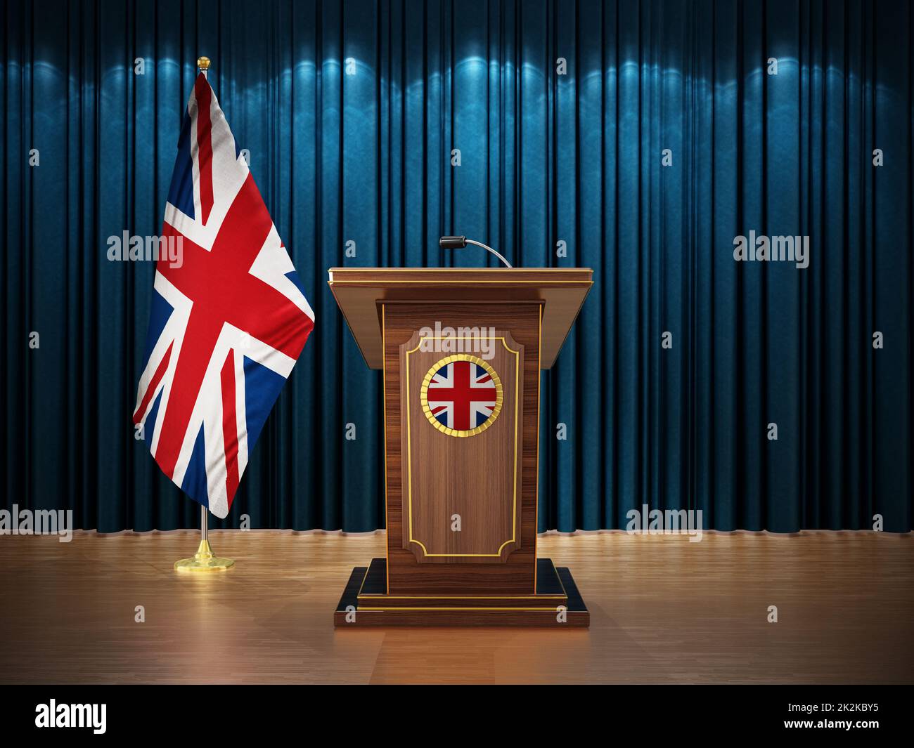 Press conference with British flag and lectern against the blue curtain ...