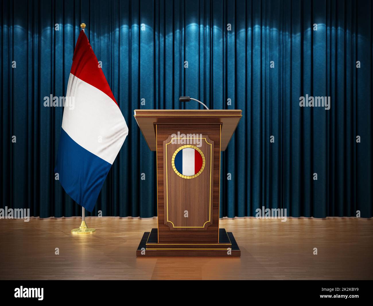 Press conference with flags of France and lectern against the blue ...