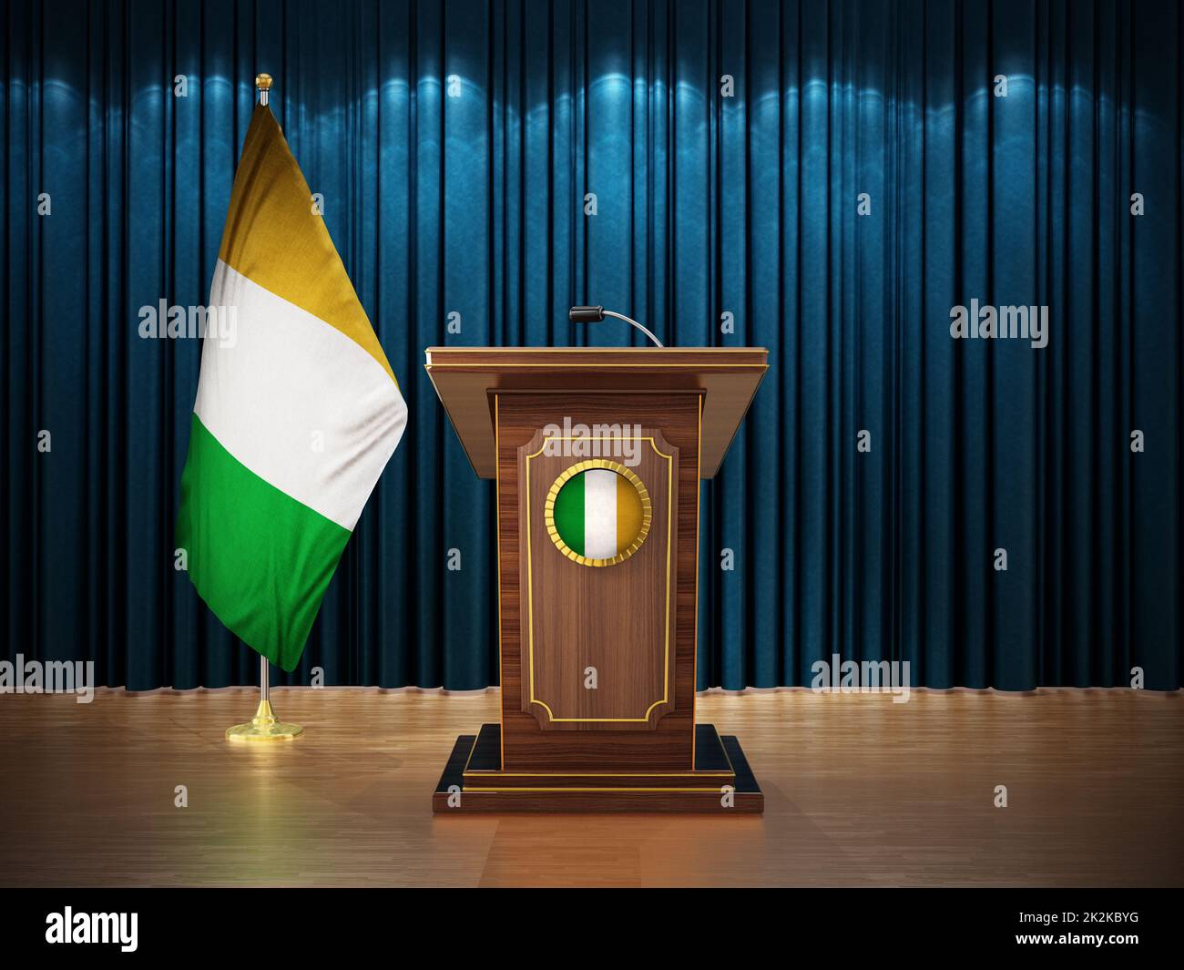 Press conference with flags of Ireland and lectern against the blue ...