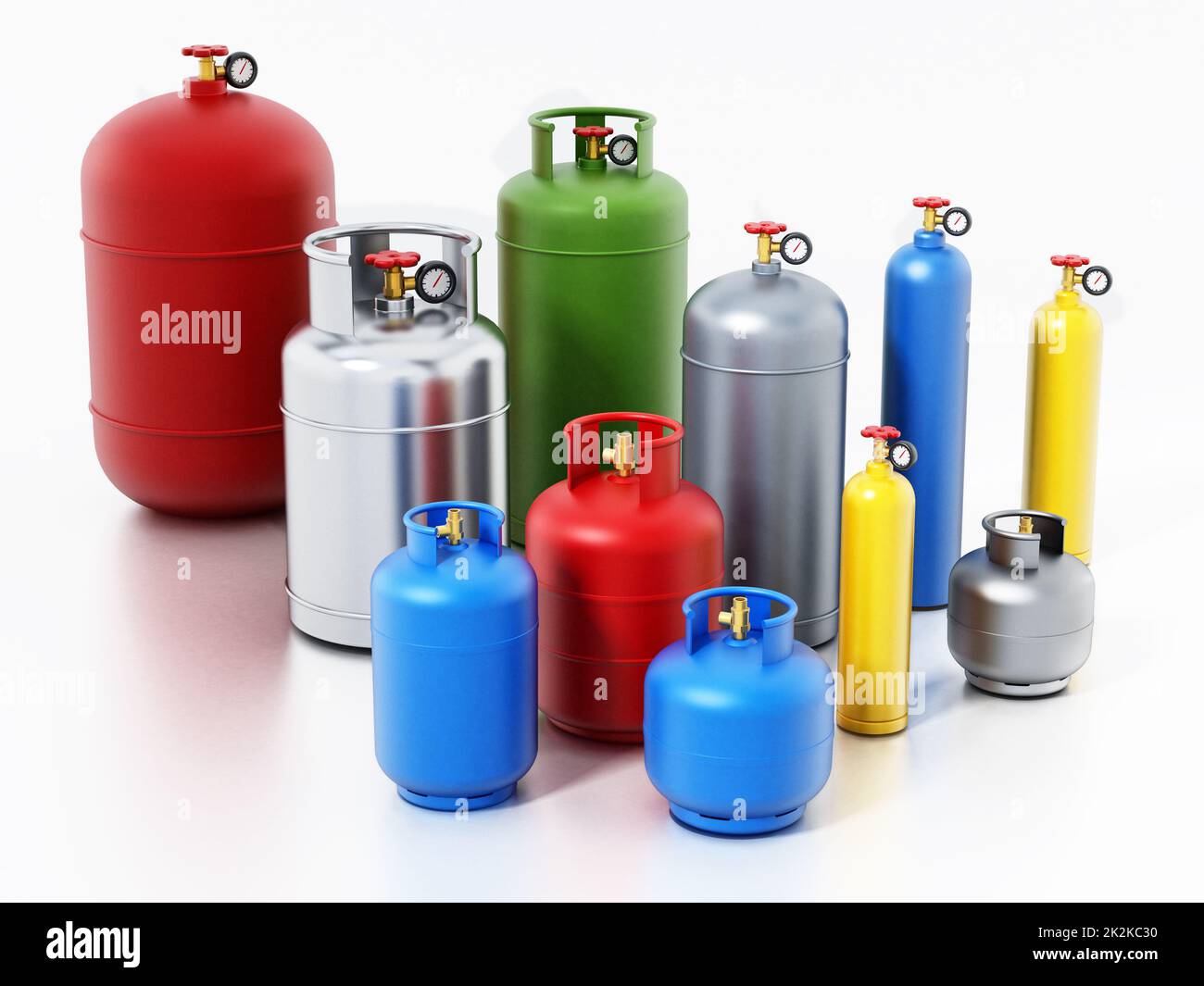 Multi-colored gas cylinders isolated on white background. 3D ...