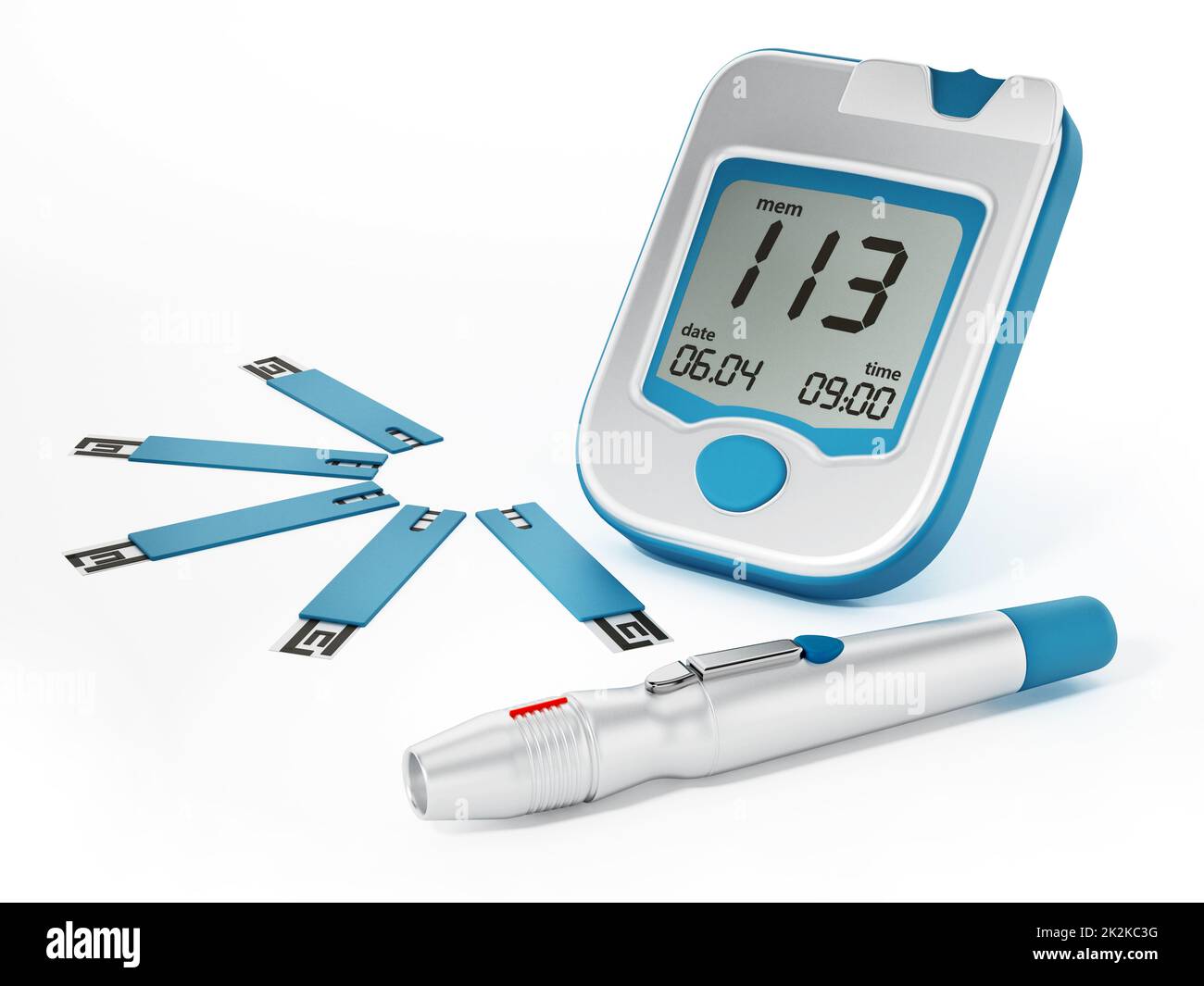 Blood glucose meter with strips isolated on white background. 3D ...