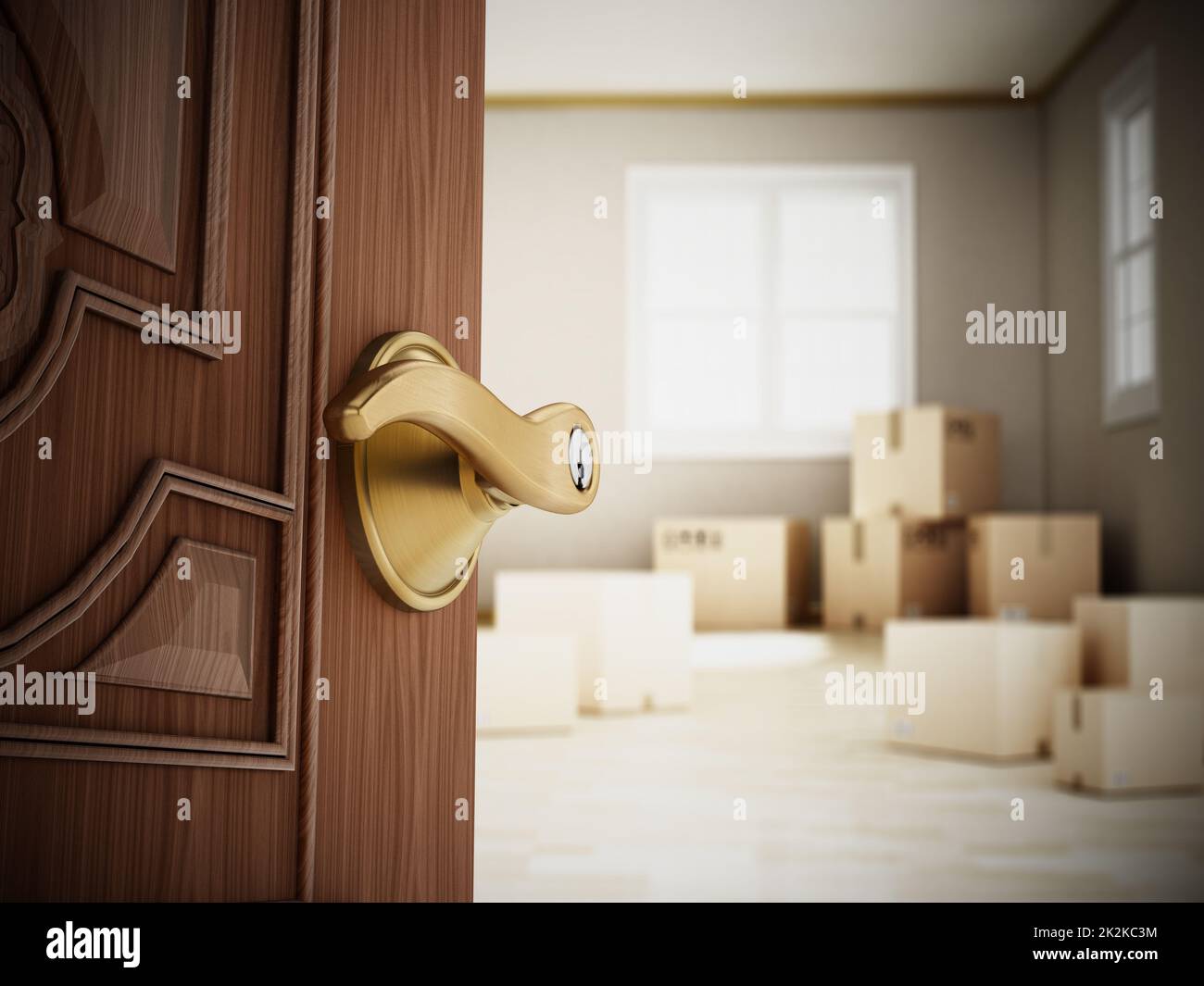 Half open apartment door opening to room with cargo boxes. 3D ...