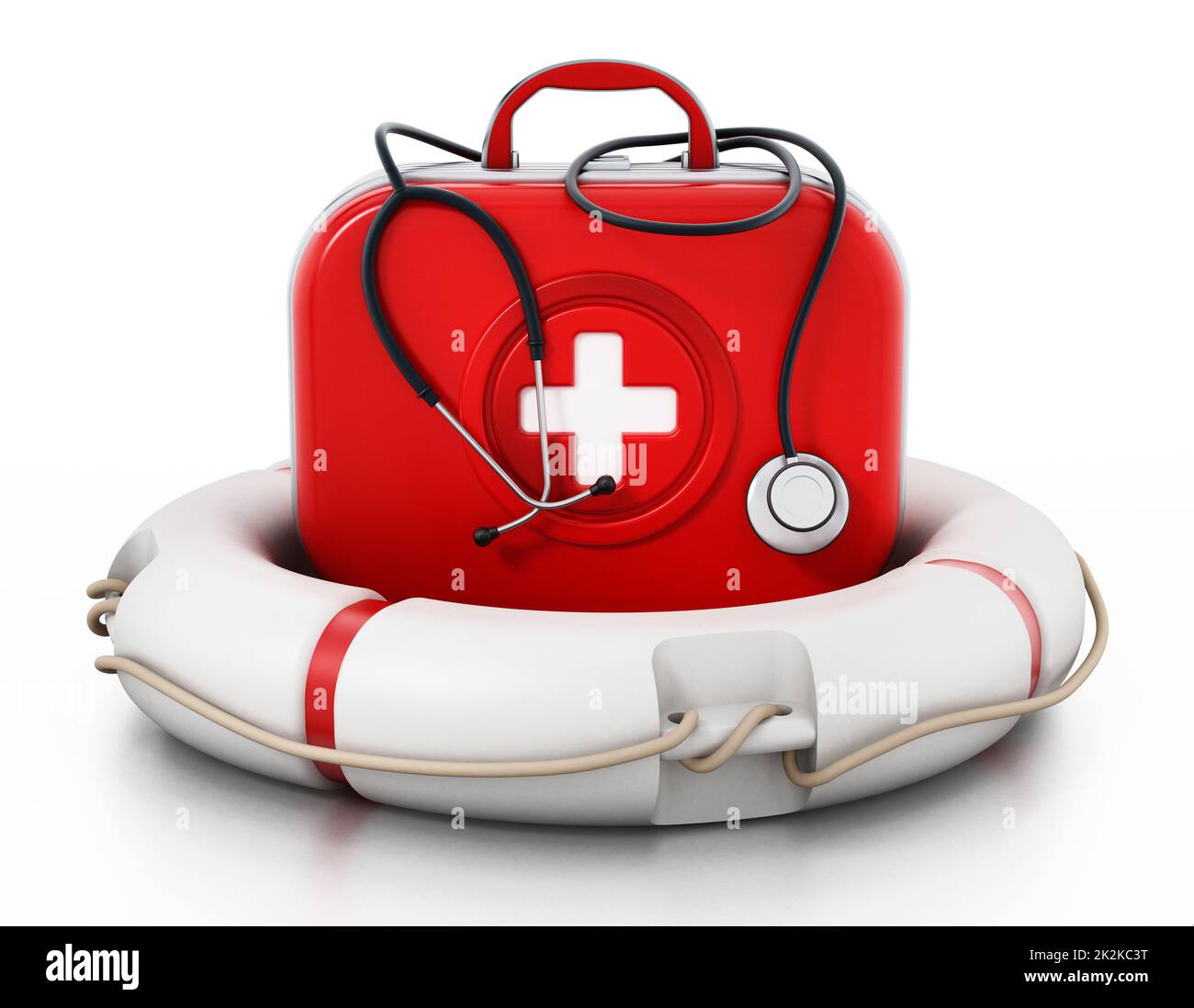 First aid kit standing on life saver. 3D illustration Stock Photo - Alamy