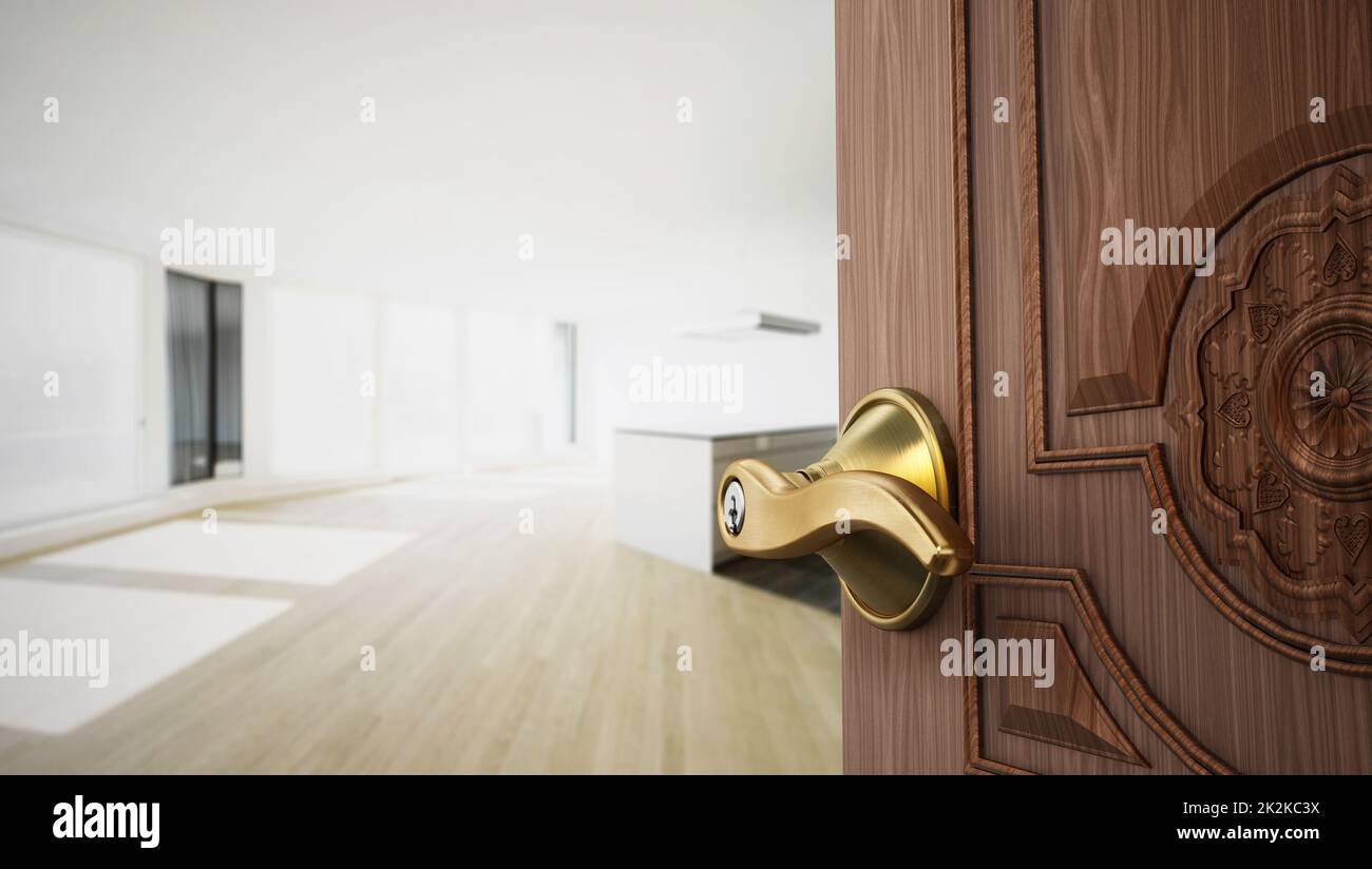Half open apartment door opening to empty room. 3D illustration Stock ...