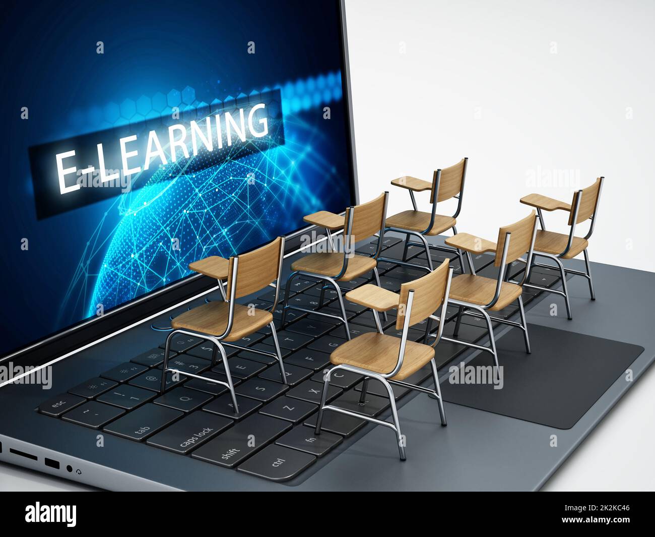 Student chairs standing on laptop computer. 3D illustration Stock Photo ...