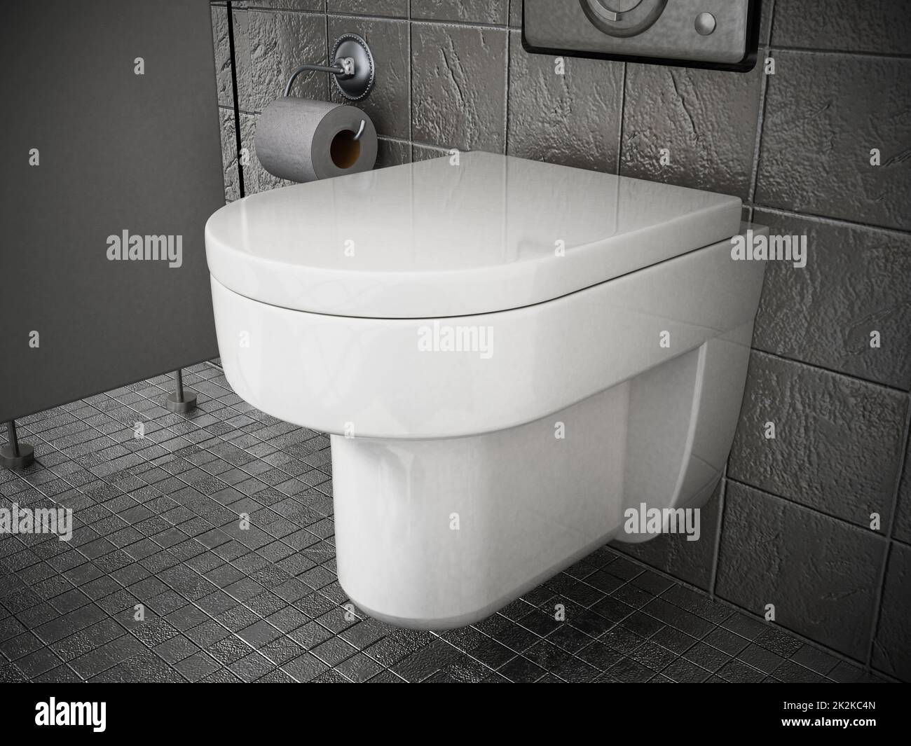 Modern toilet inside restroom covered with gray stones. 3D illustration ...