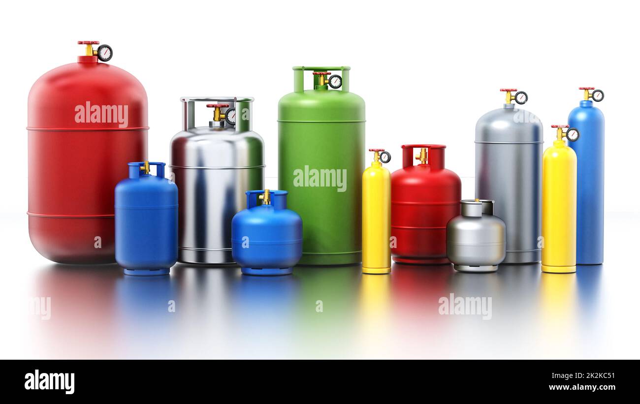 Multi-colored gas cylinders isolated on white background. 3D ...