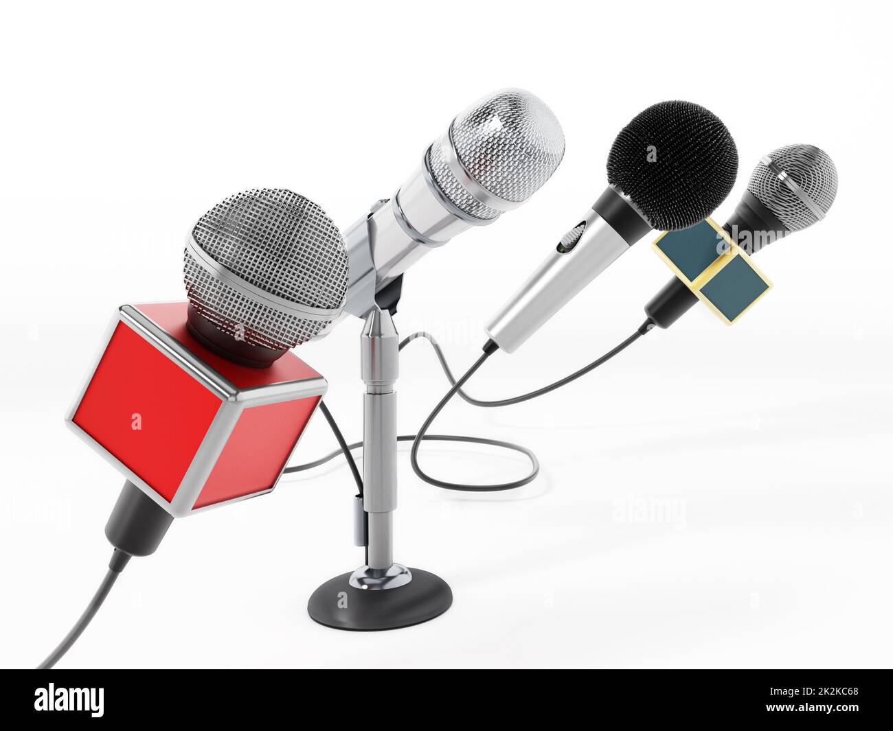 Aligned news microphones isolated on white background. 3D illustration ...