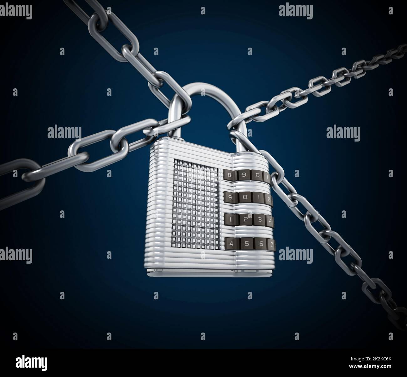 Chained padlock on dark blue background. 3D illustration Stock Photo ...