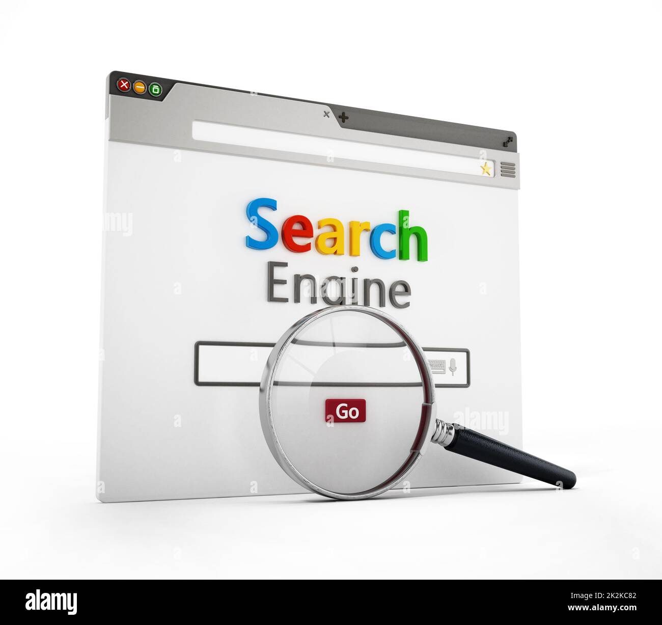 Magnifying glass on fictitious search engine website. 3D illustration Stock Photo - Alamy