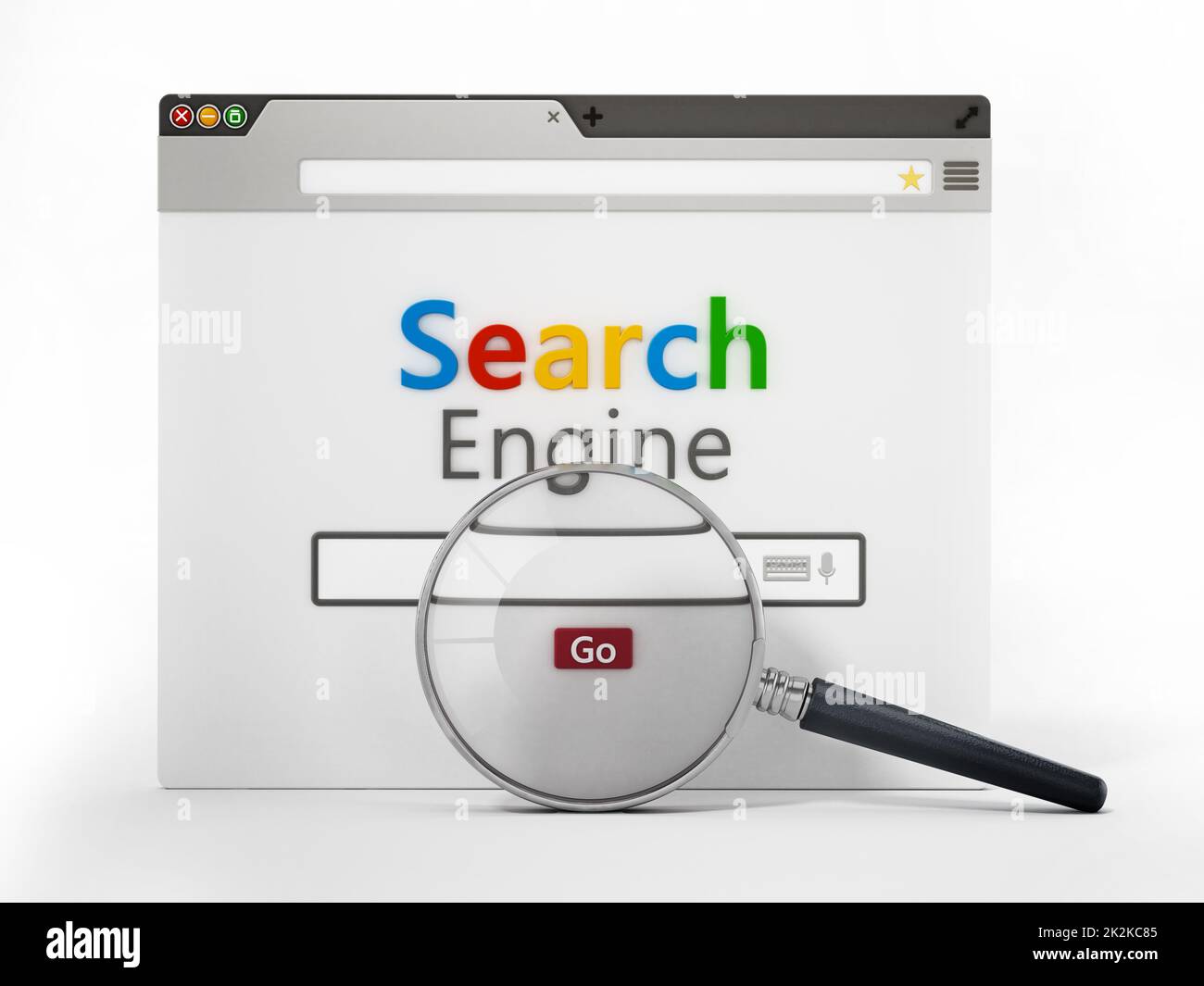 Magnifying glass on fictitious search engine website. 3D illustration Stock Photo - Alamy