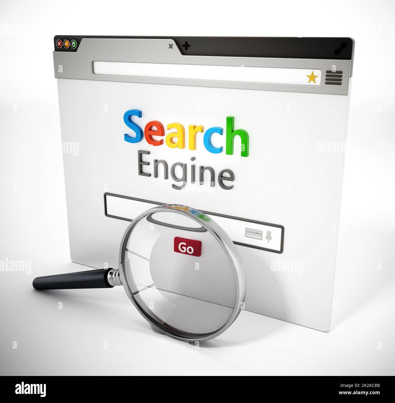 Magnifying glass on fictitious search engine website. 3D illustration Stock Photo - Alamy